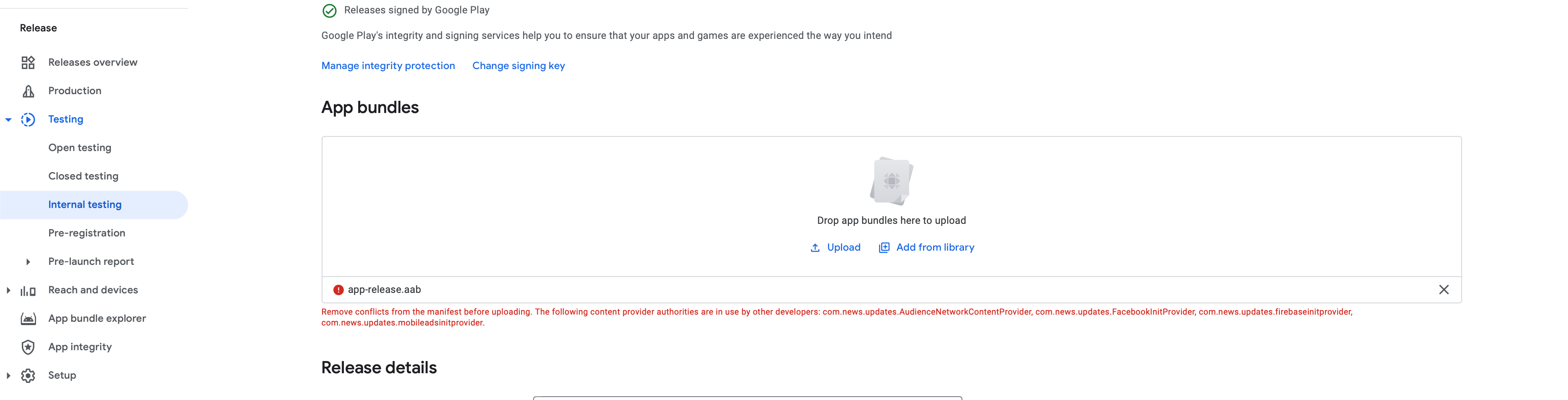with flutterflow in play google i get....Remove conflicts from the manifest before uploading ...