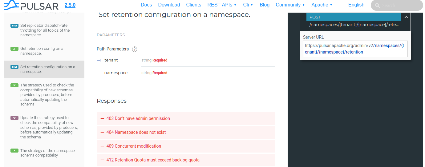 Documentation of admin REST API is missing body parameters · Issue #6625 · apache/pulsar · GitHub