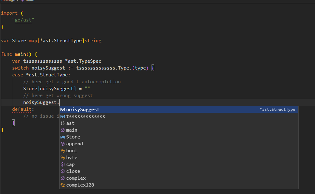 Wrong Code Suggestion When Action Is Following Case Type Assert · Issue 2170 · Golangvscode Go 