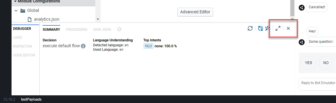 [BUG] CODE EDITOR tab is missing debugger window options · Issue #1275 · botpress/v12 · GitHub