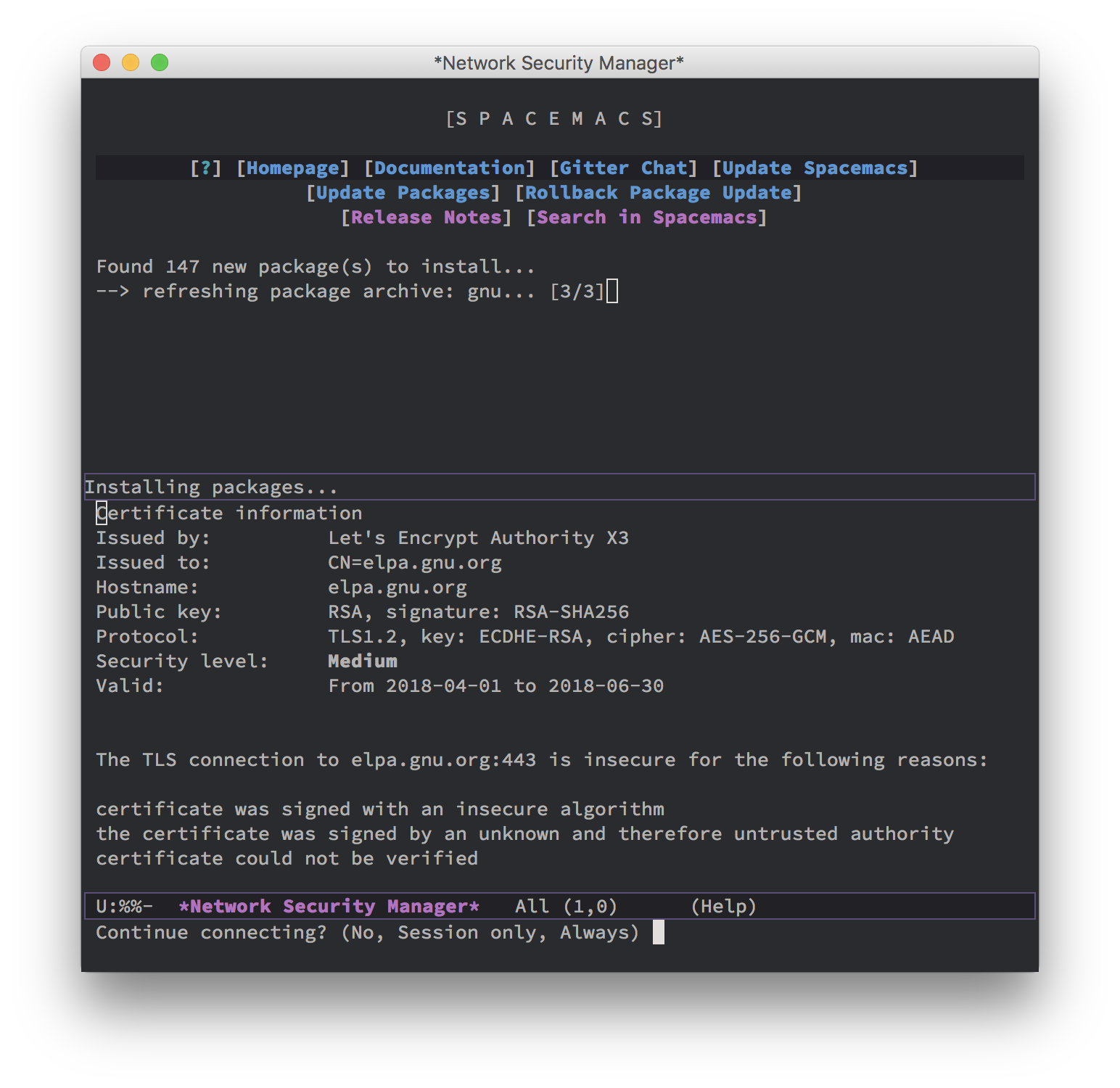 Insecure cert warning · Issue #10587 · syl20bnr/spacemacs · GitHub