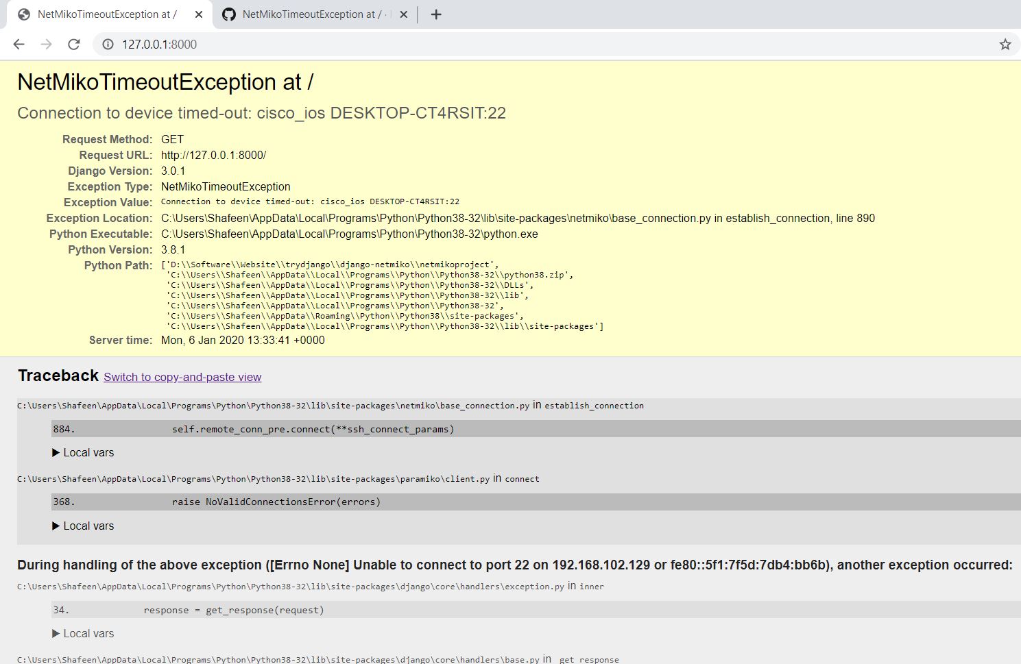 NetMikoTimeoutException at / · Issue #1504 · ktbyers/netmiko · GitHub