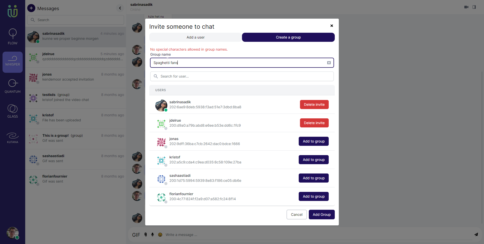 Group name should allow spaces. · Issue #441 · threefoldtech/freeflow_twin_main · GitHub