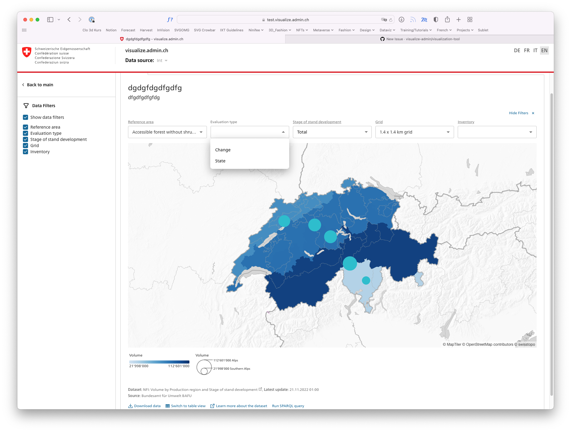 Maps: Empty Dropdowns in "NFI: Volume by Production region and Stage of stand development ...