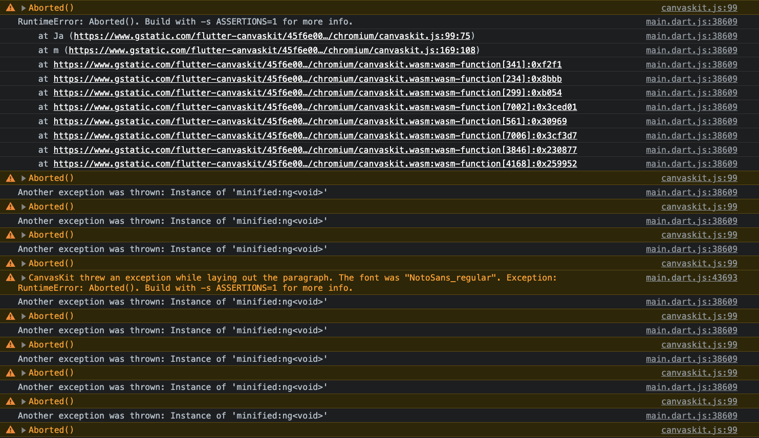 CanvasKit threw an exception while laying out the paragraph. The font was "MaterialIcons ...