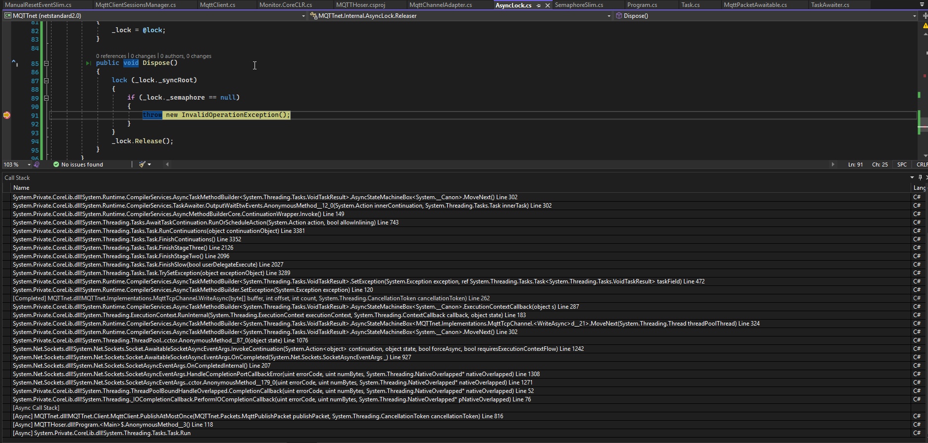 AsyncLock.WaitAsync getting in a dead lock · Issue #1516 · dotnet/MQTTnet · GitHub