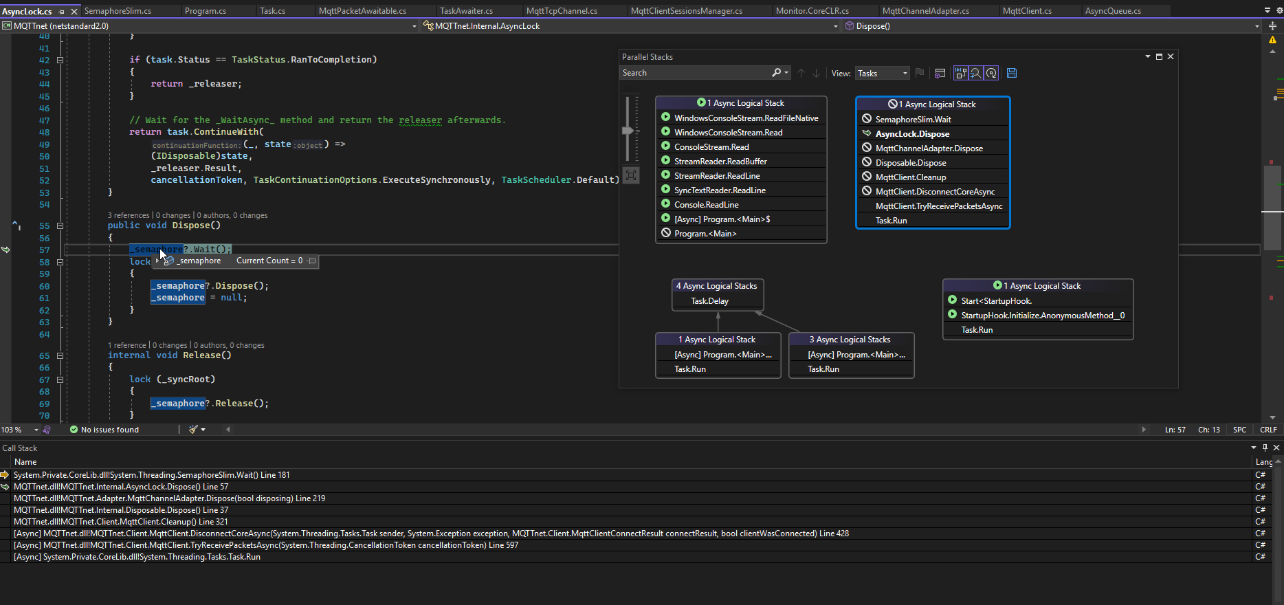 AsyncLock.WaitAsync getting in a dead lock · Issue #1516 · dotnet/MQTTnet · GitHub