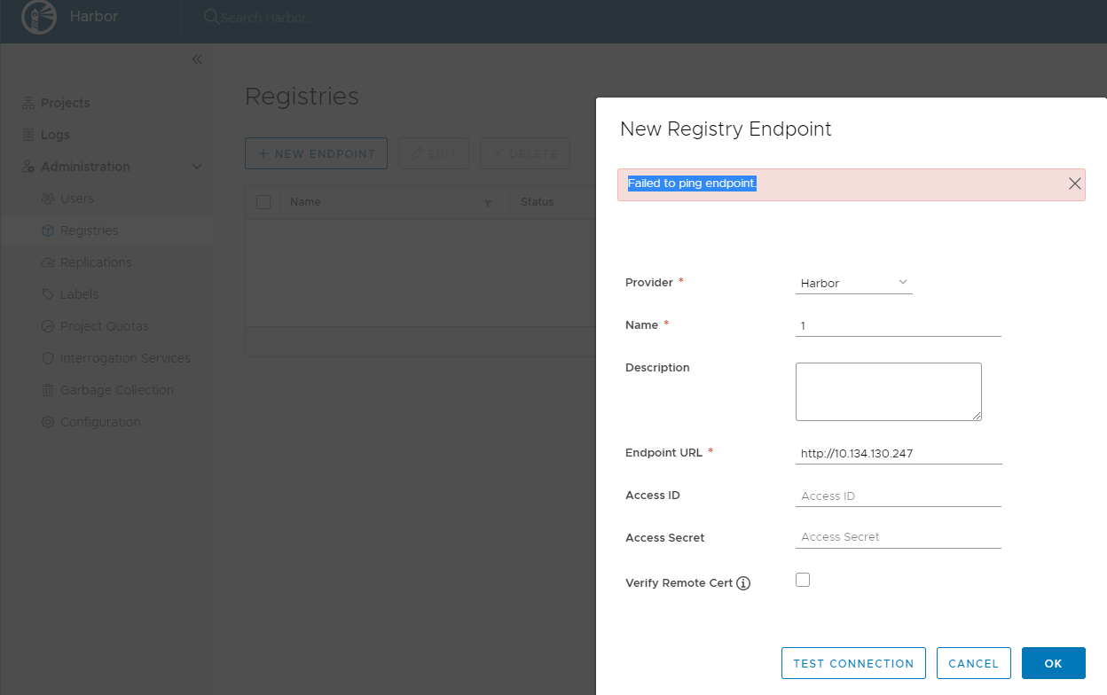 Add New Registry Endpoint && Failed to ping endpoint. · Issue #12542 · goharbor/harbor · GitHub