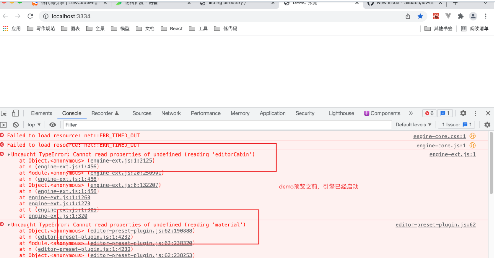 npm run lowcode:dev 运行正常，但是demo预览访问超时,多图如下 · Issue #76 · alibaba/lowcode-engine · GitHub