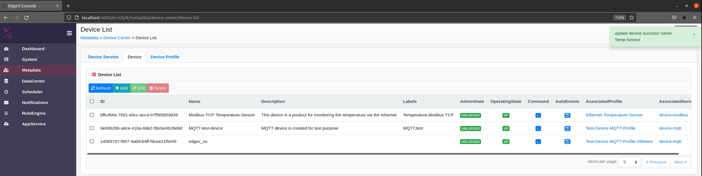 [Bug]: No effect after setting "Name" and "Description" of the device in the EdgeX UI · Issue ...
