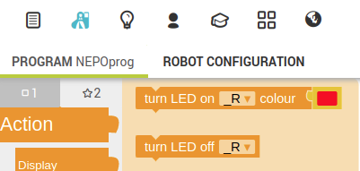 Calliope: calli:bot-block + "turn LED on colour"-block break program- and configuration-view ...