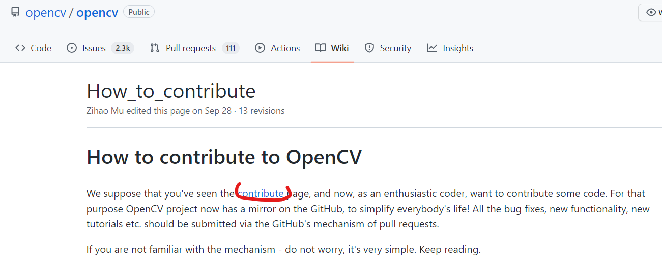 Error 404 on the `contribute` link in Wiki · Issue #23068 · opencv/opencv · GitHub