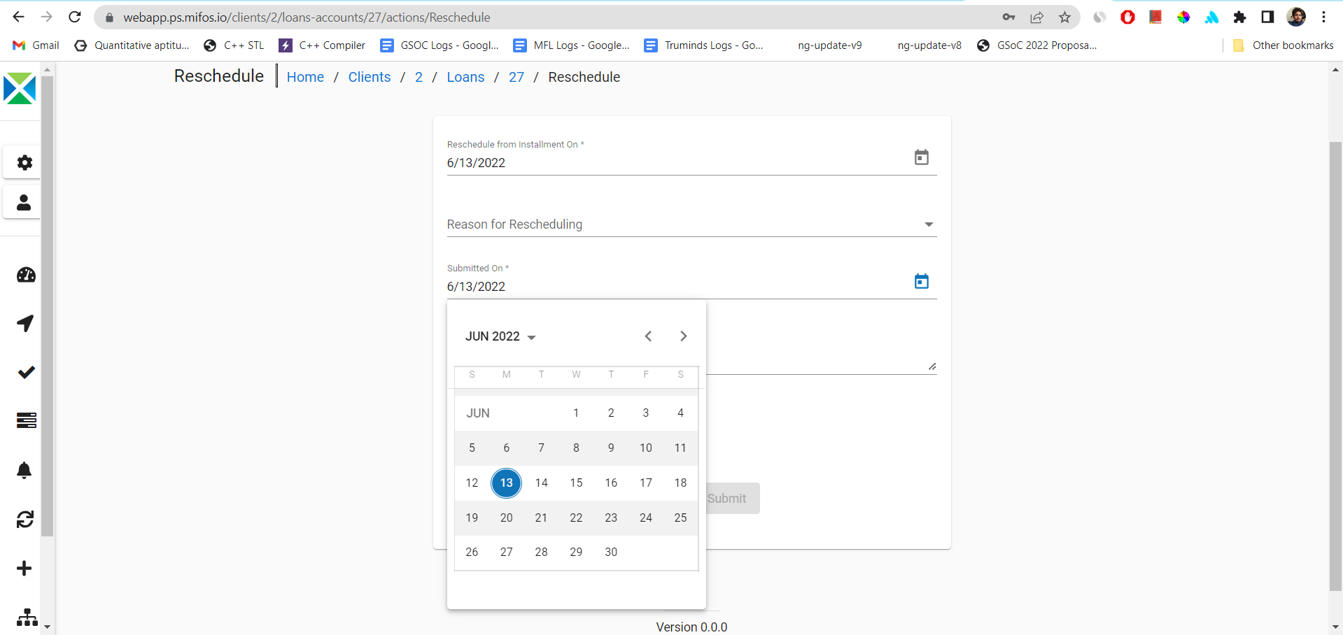 Reschedule a loan account screen- unable to select future date · Issue #1432 · openMF/web-app ...