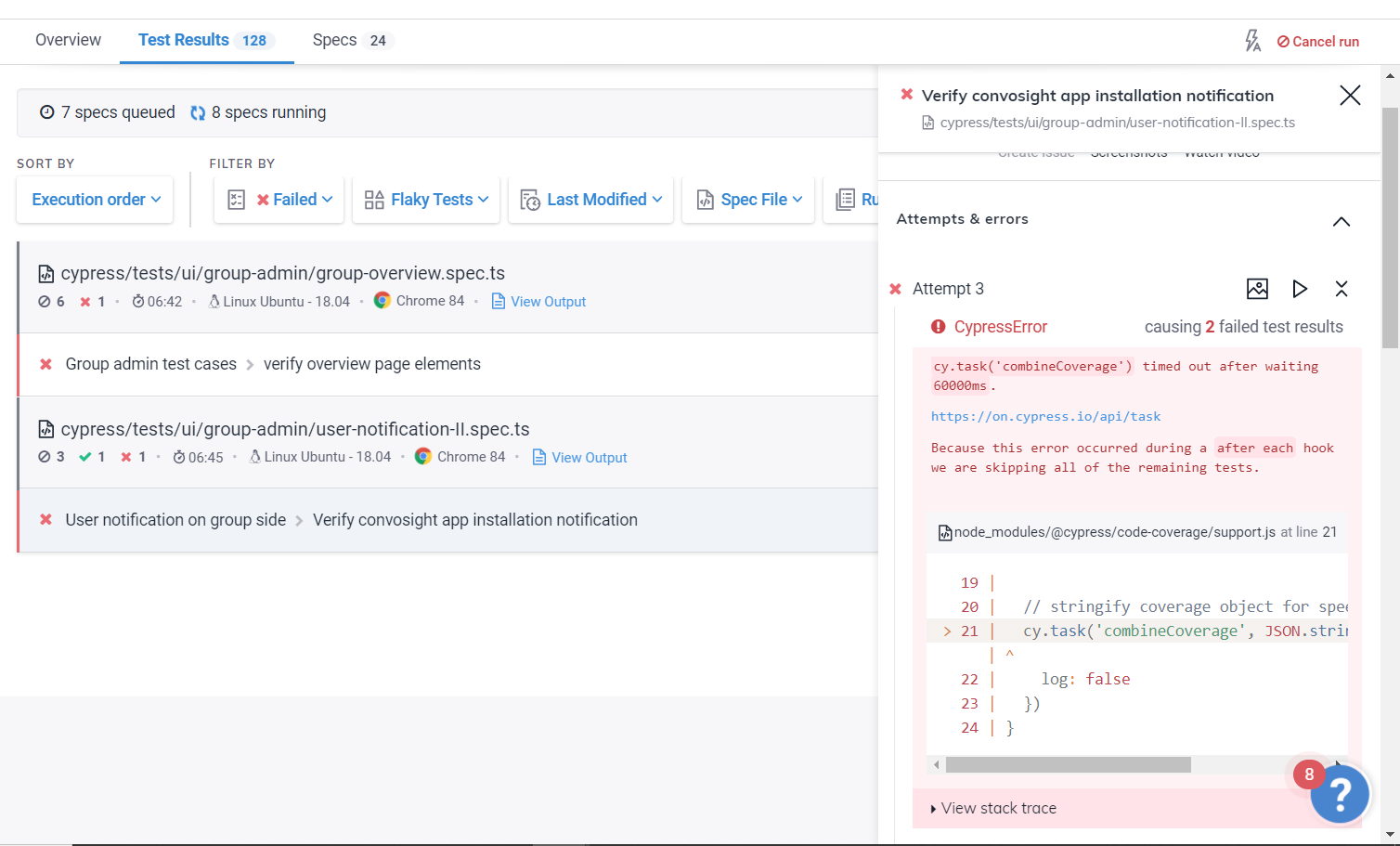 cy.task('combineCoverage') timed out after waiting 60000ms getting this error during bitbucket ...