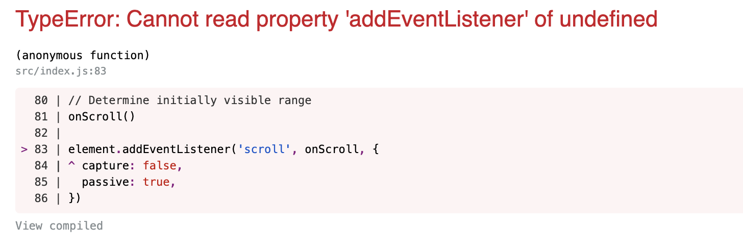 TypeError: Cannot read property 'addEventListener' of undefined · Issue #68 · TanStack/virtual ...