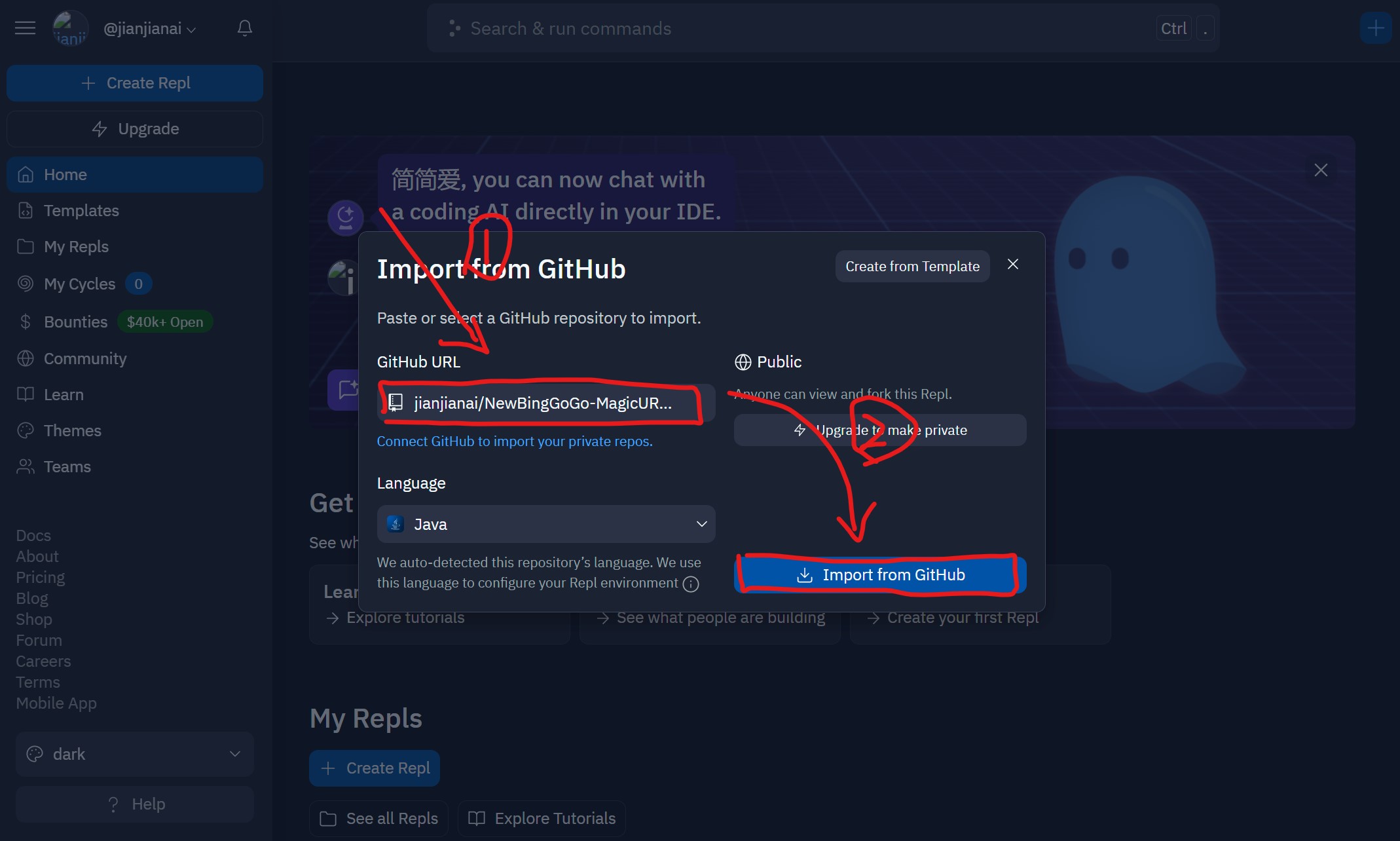 replit创建魔法链接 · jianjianai/NewBingGoGo-Web Wiki · GitHub