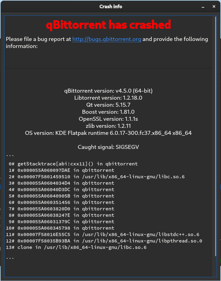 qBittorent has crashed multiple times with a please file a bug report popup · Issue #18381 ...