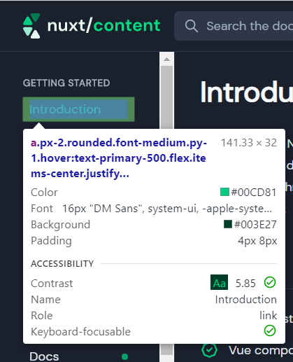 [DOCS] Low Contrast for Current page Indicator in Links · Issue #671 · nuxt/website-v2 · GitHub