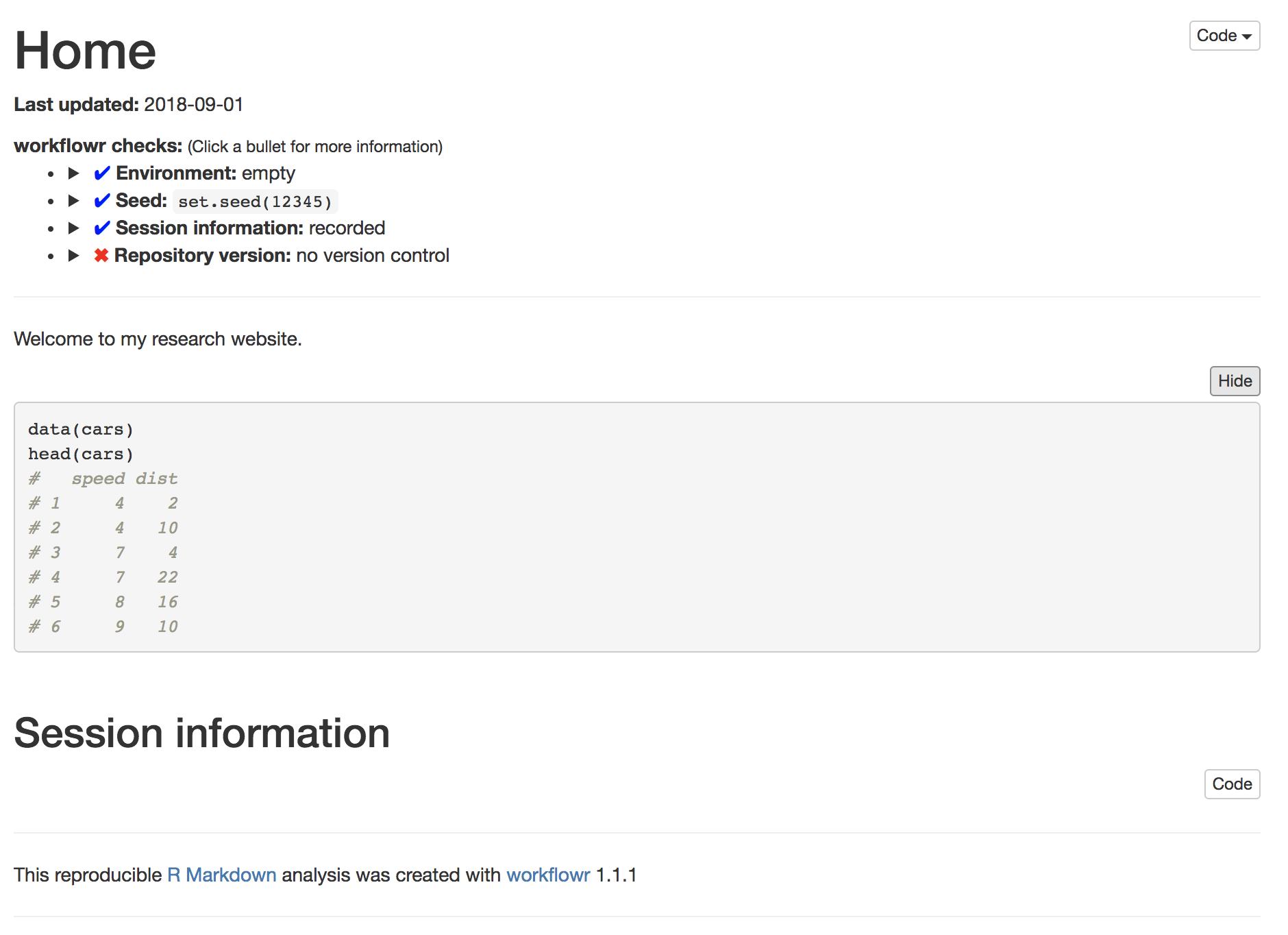 Make the "Session information" section "foldable" · Issue #120 · workflowr/workflowr · GitHub