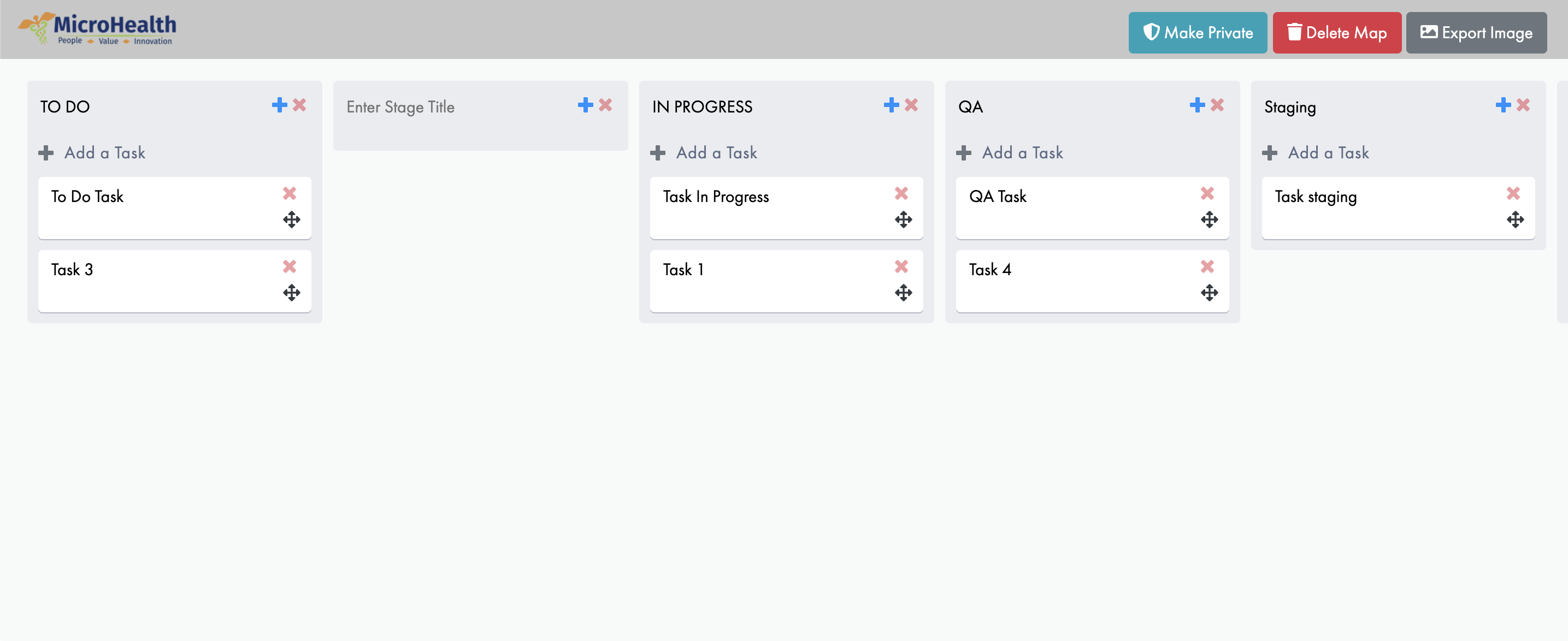 Kanban map - For each column, should include a "+" before each delete "x" icon; when clicked ...
