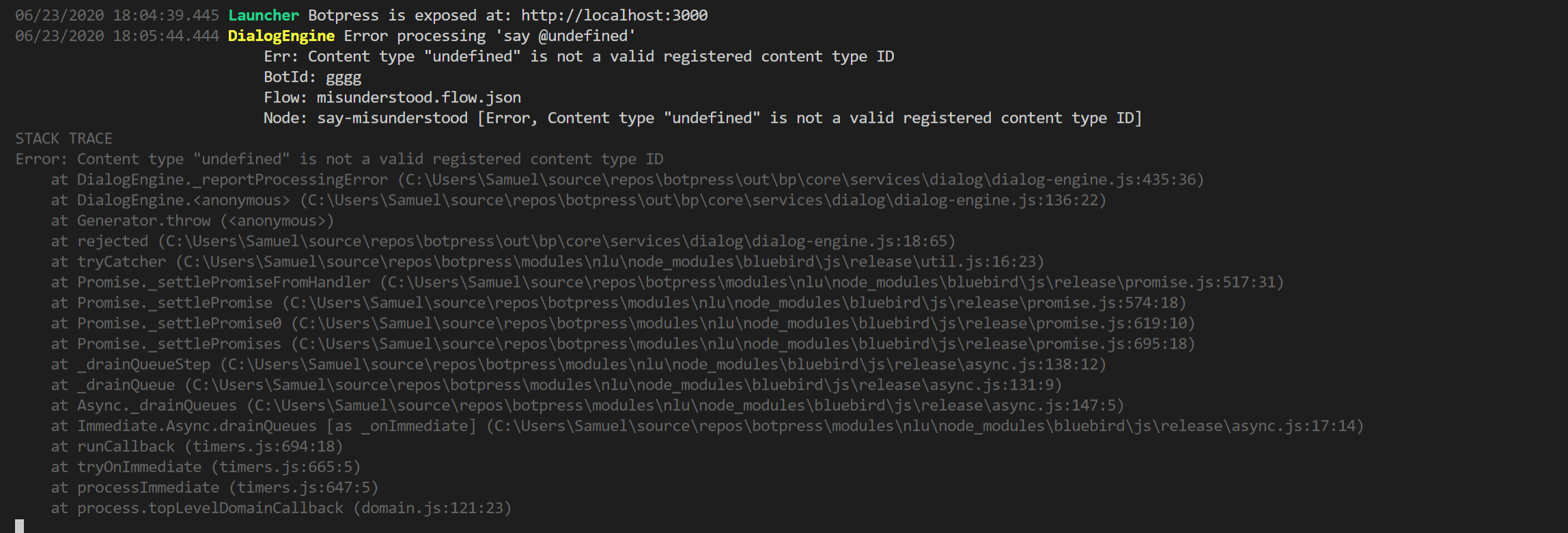 Bizarre dialog engine error when typing entity out of nowhere · Issue #1034 · botpress/v12 · GitHub