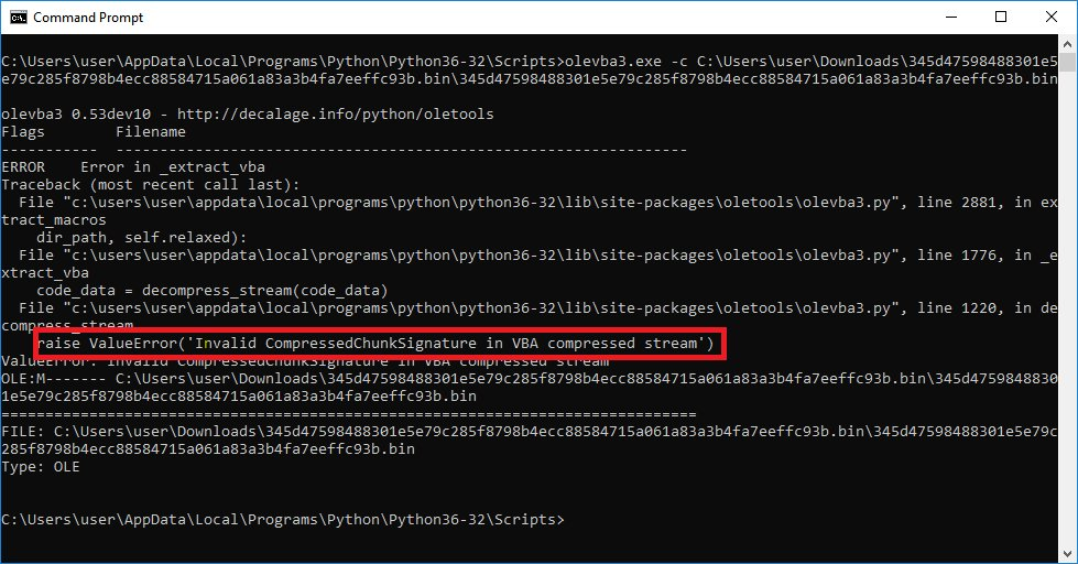 olevba: VBA decompression error - Invalid CompressedChunkSignature in VBA compressed stream ...