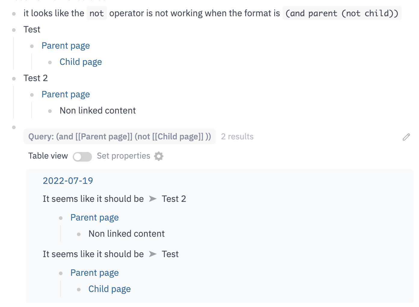 `(not [[child page]])` query does not properly filter blocks · Issue #6100 · logseq/logseq · GitHub