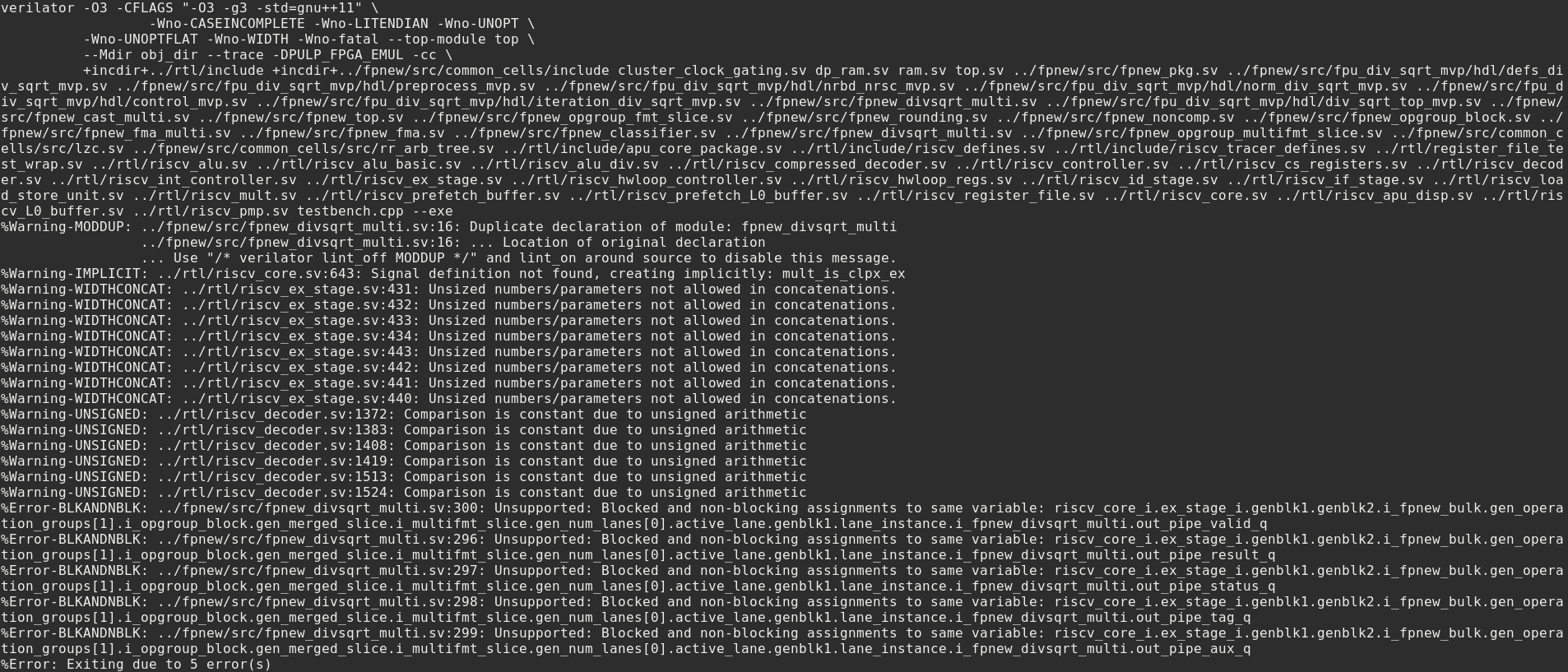 Verilator error on fpnew_divsqrt_multi.sv · Issue #141 · openhwgroup/cv32e40p · GitHub