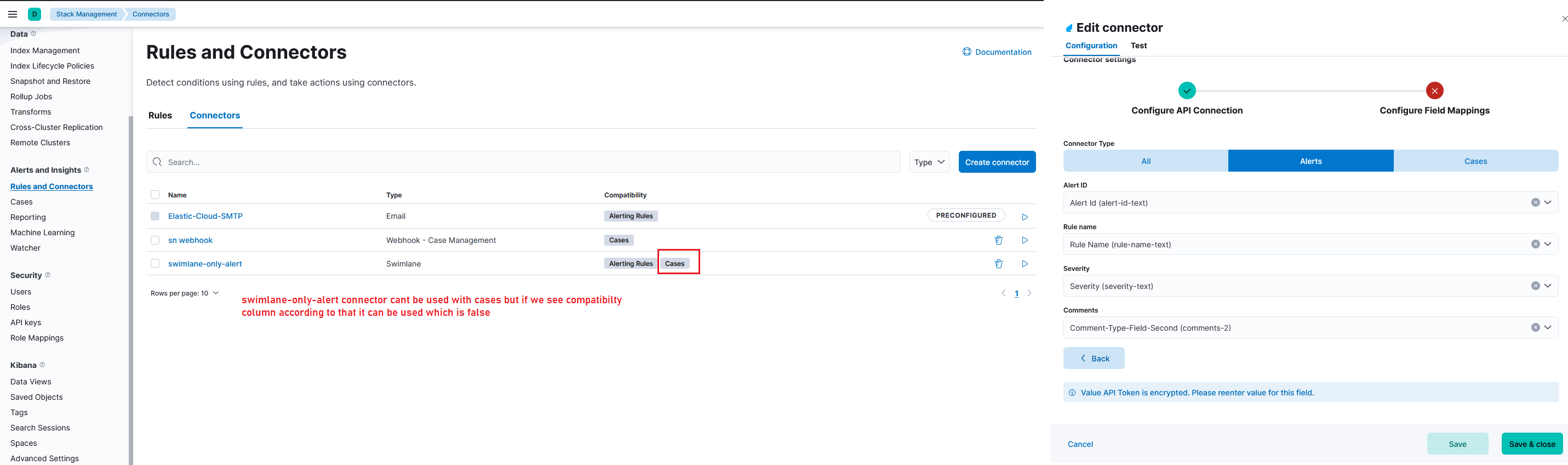 [Security Solution]Cases Connector Availability for swimlane connector with only alert fields ...
