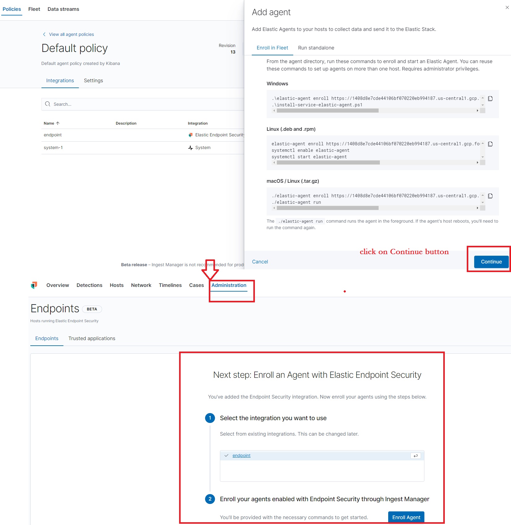 [Ingest Management]: Click on 'Continue' button on 'Add agent' flyout from Security ...