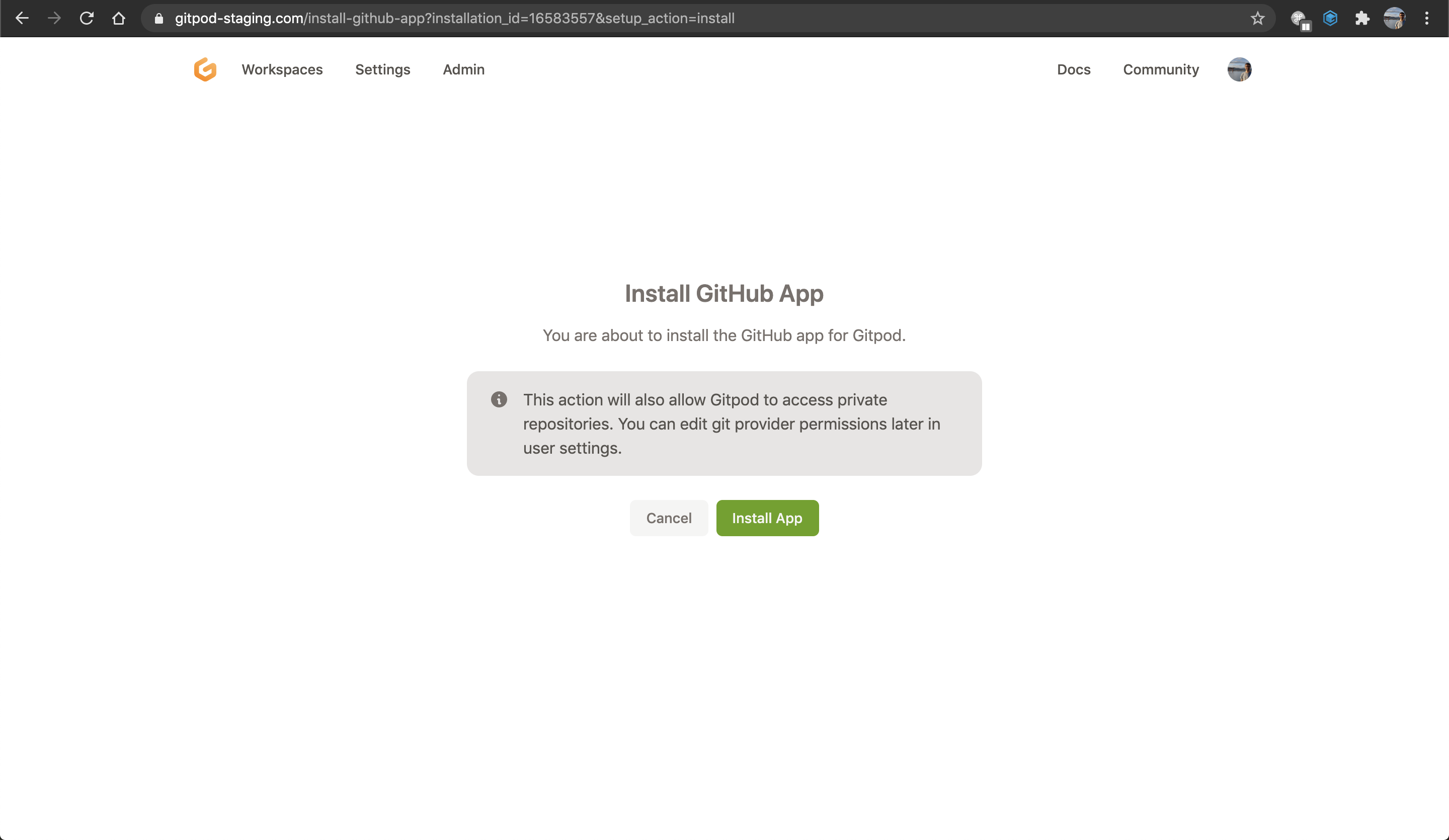 Github App Install Confirmation Flow Is Broken · Issue 4092 · Gitpod
