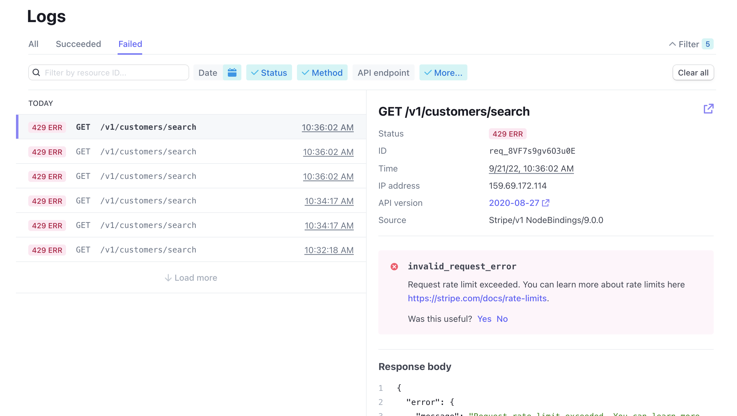 Stripe: Create observability into the type, rate and return code of API calls we issue against ...