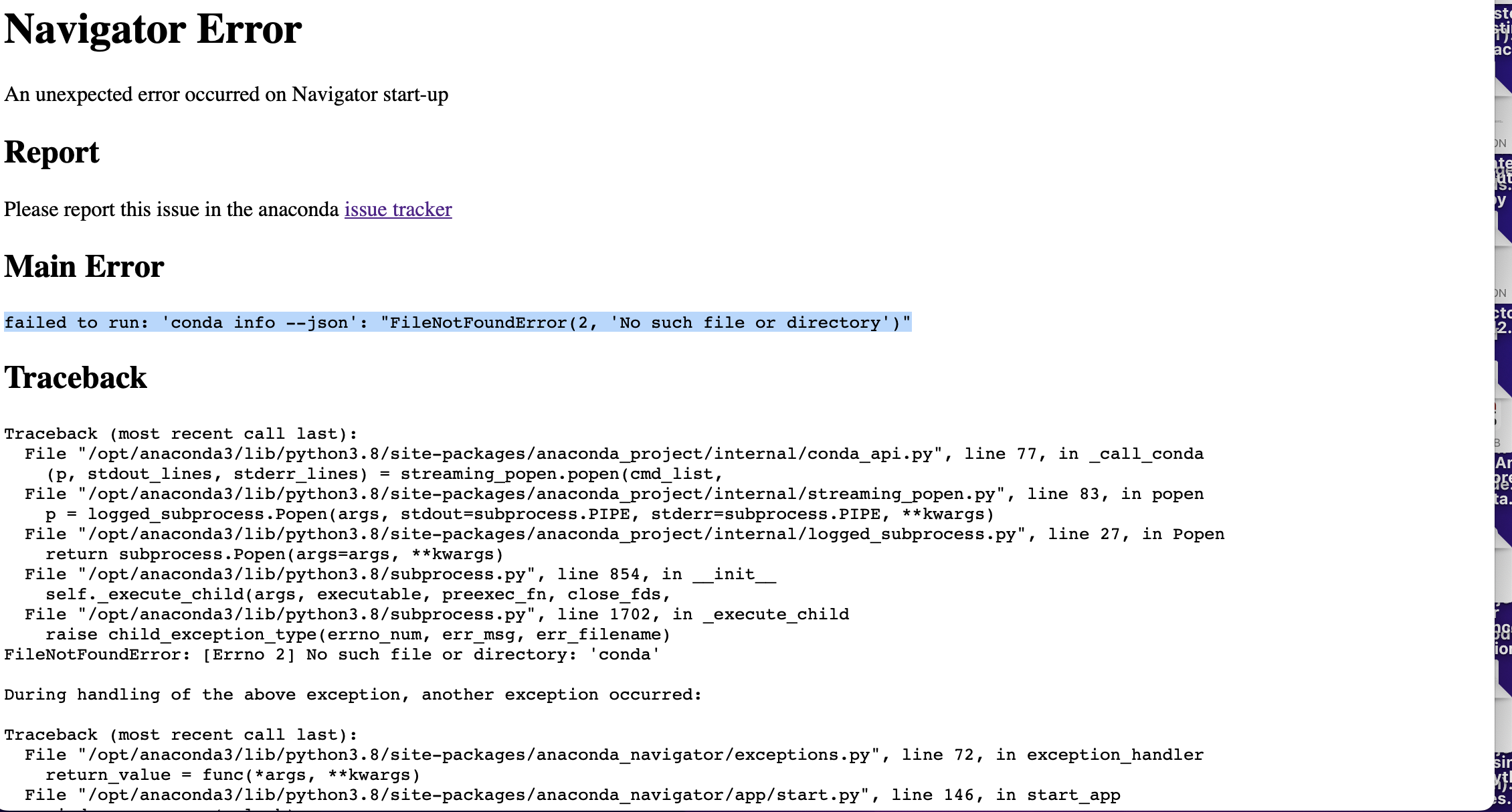 Navigation Error: failed to run: 'conda info --json ...