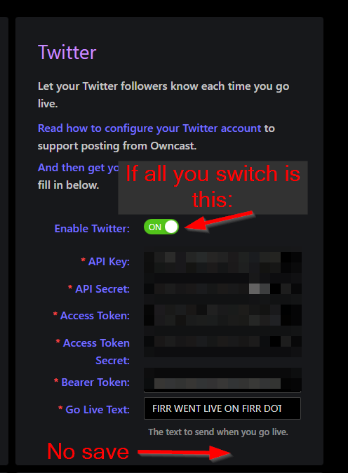 Show Twitter notification save button when enabling/disabling · Issue #2534 · owncast/owncast ...