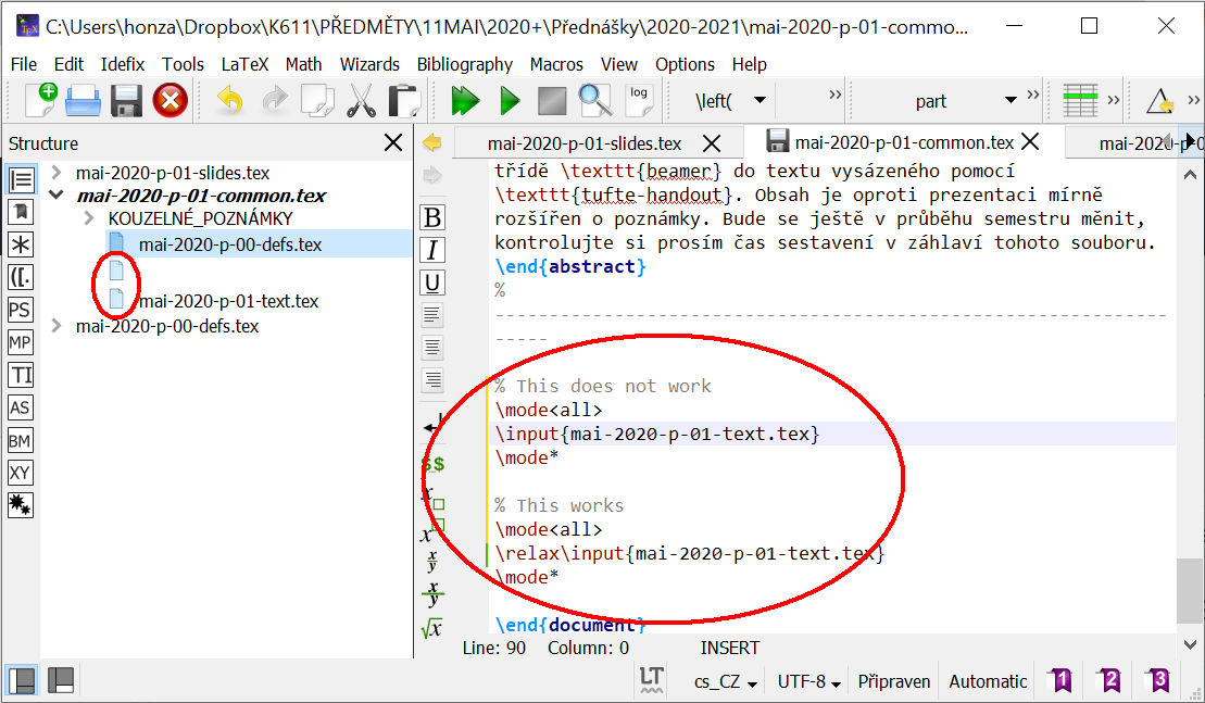 Structure view: Beamer \mode prevents the following \input{...} info to be parsed correctly ...