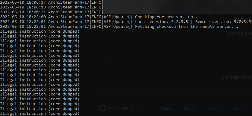 Illegal instruction (core dumped) · Issue #2576 · JustArchiNET/ArchiSteamFarm · GitHub
