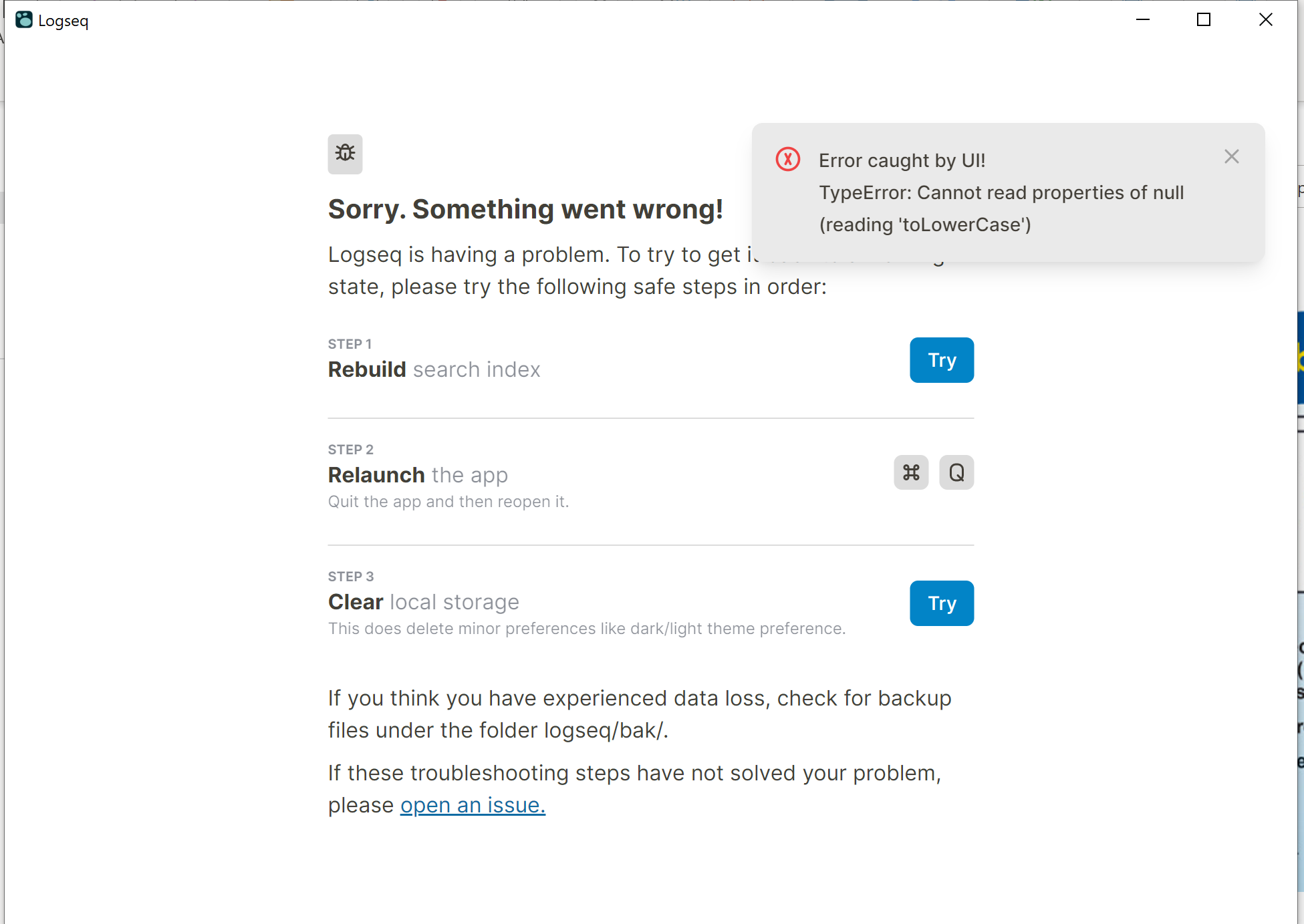 [Cache issue] Error message while searching · Issue #8534 · logseq/logseq · GitHub