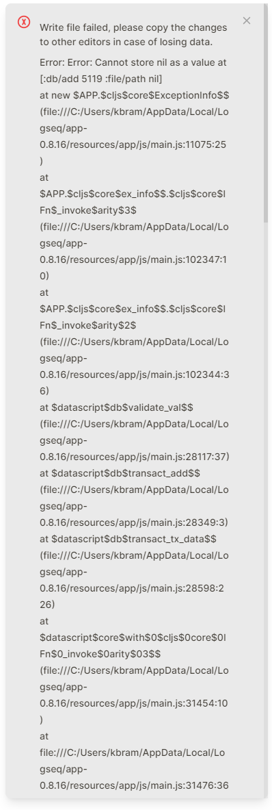 [Cache issue] Error message while searching · Issue #8534 · logseq/logseq · GitHub