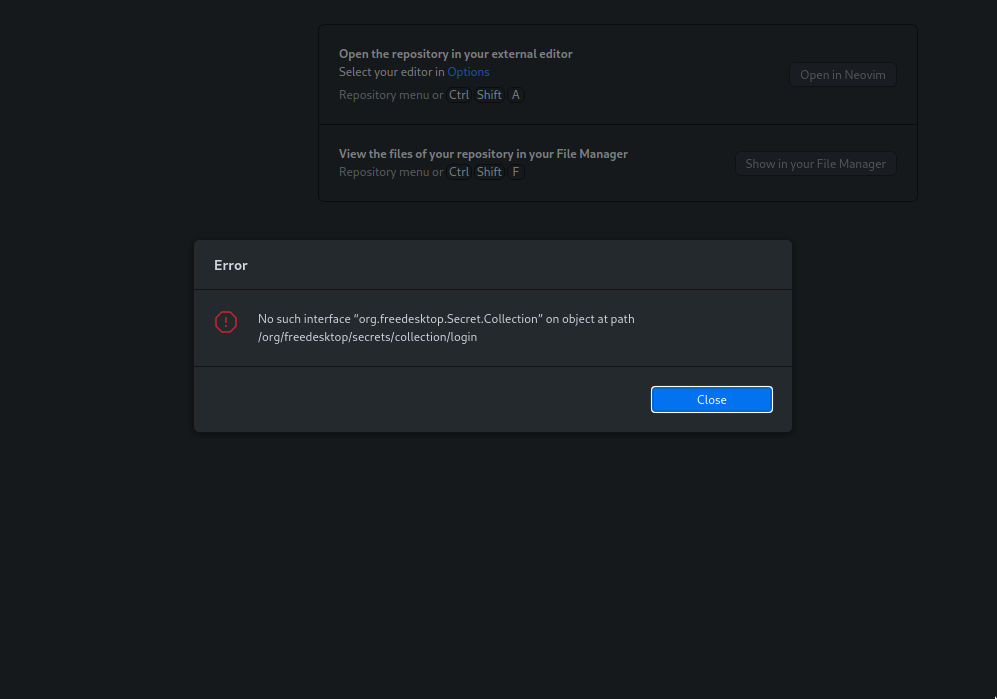 No such interface “org.freedesktop.Secret.Collection” on object at path /org/freedesktop/secrets ...