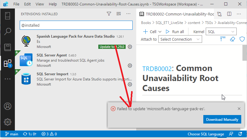 Updating Spanish Lang Pack gives an error · Issue #15597 · microsoft/azuredatastudio · GitHub