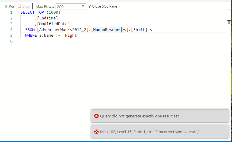 Edit Data "SQL Pane" generates two error message for syntax errors ...