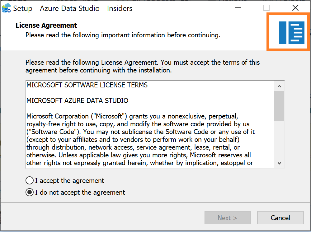 Setup has incorrect "OSS" icon on EULA page · Issue #7016 · microsoft/azuredatastudio · GitHub