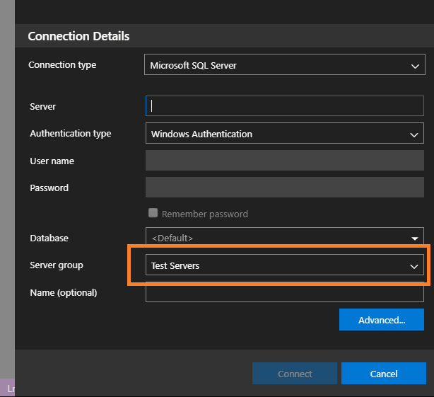 Connection Dialog Server Group Has Incorrect Default Value · Issue 11258 · Microsoft 2029