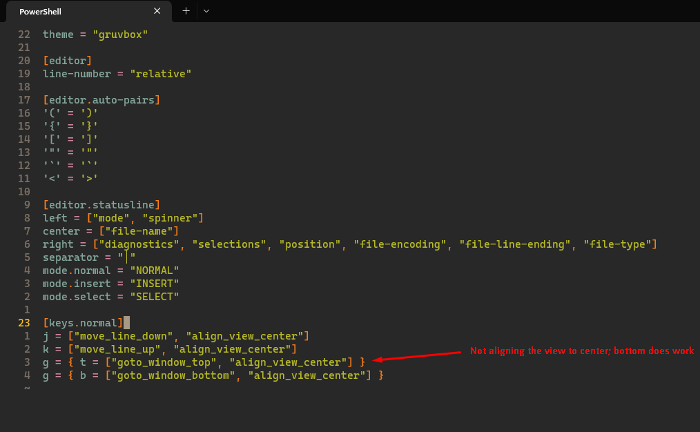 goto_window_top + align_view_center not working together · Issue #5034 · helix-editor/helix · GitHub