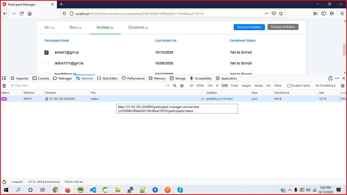 Participant details page > Not able to Resend Invitation to the participant : Getting error ...