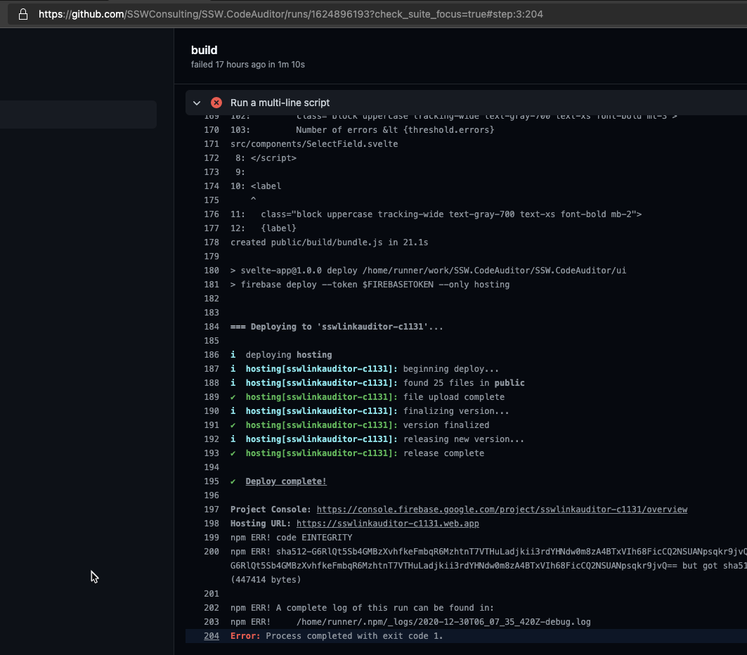 DevOps - CI build failing on deploy · Issue #122 · SSWConsulting/SSW.CodeAuditor · GitHub
