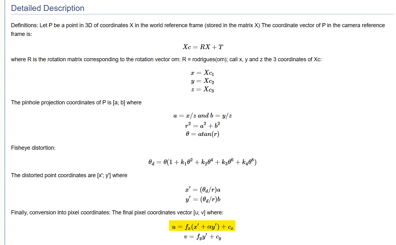Question about fisheye camera model in cv::fisheye::initUndistortRectifyMap and the document ...