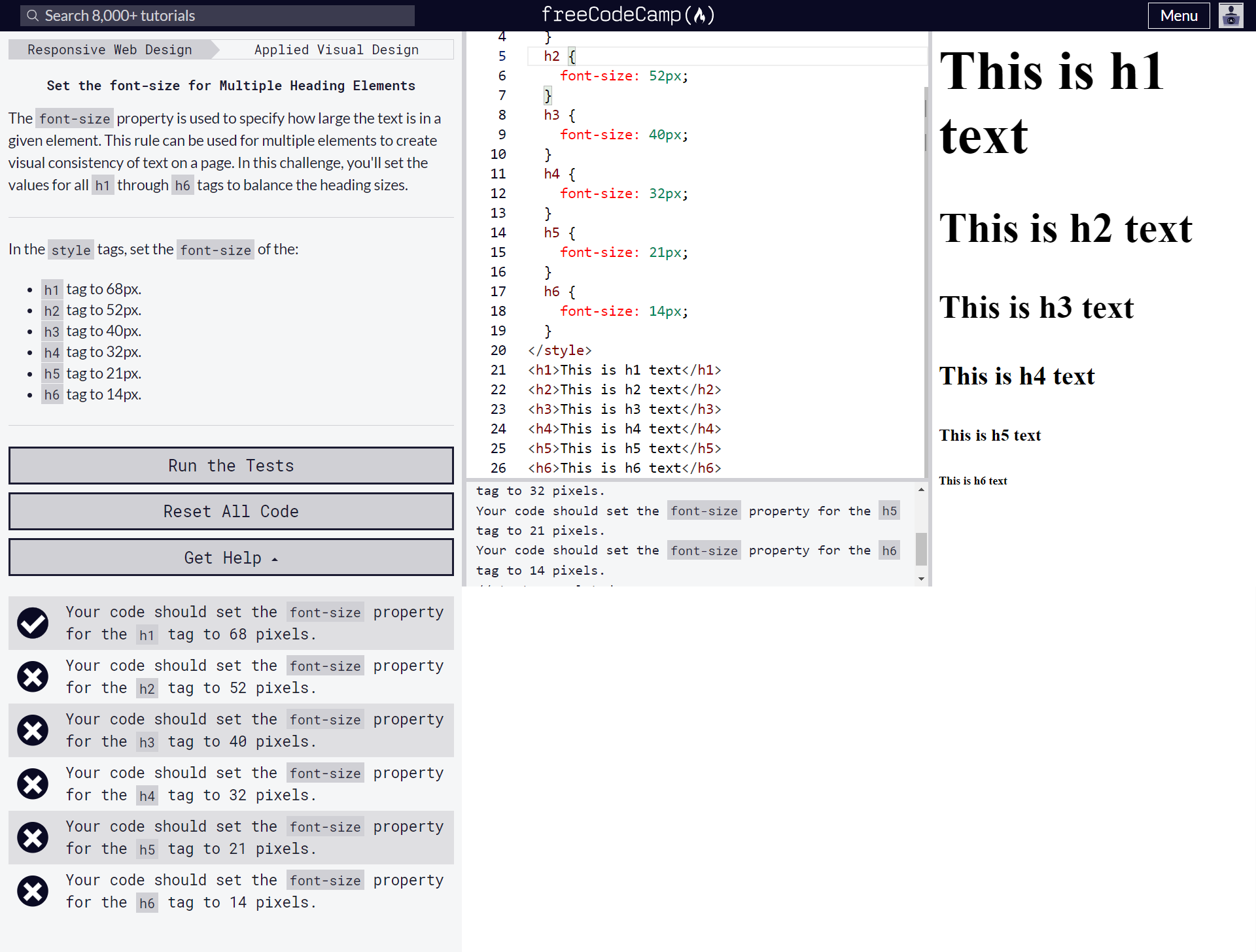 Set the font-size for Multiple Heading Elements challenge not working · Issue #44591 ...
