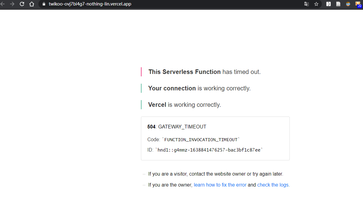 Vercel部署的一些问题：配置环境变量之后链接跳转504 · Issue #288 · twikoojs/twikoo · GitHub