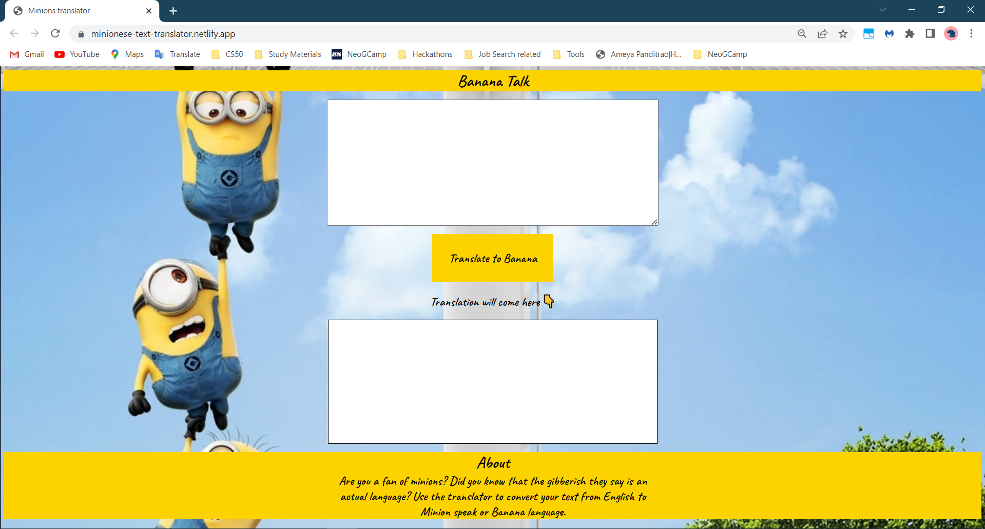 GitHub - AmeyaP29/mark-6-minions-banana-translator: This is a website ...